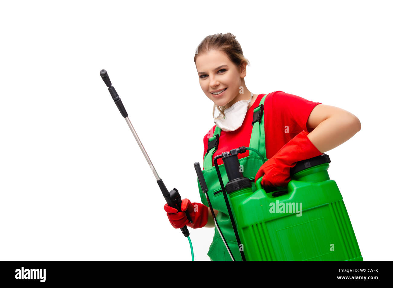 Female pest control contractor isolated on white Stock Photo - Alamy