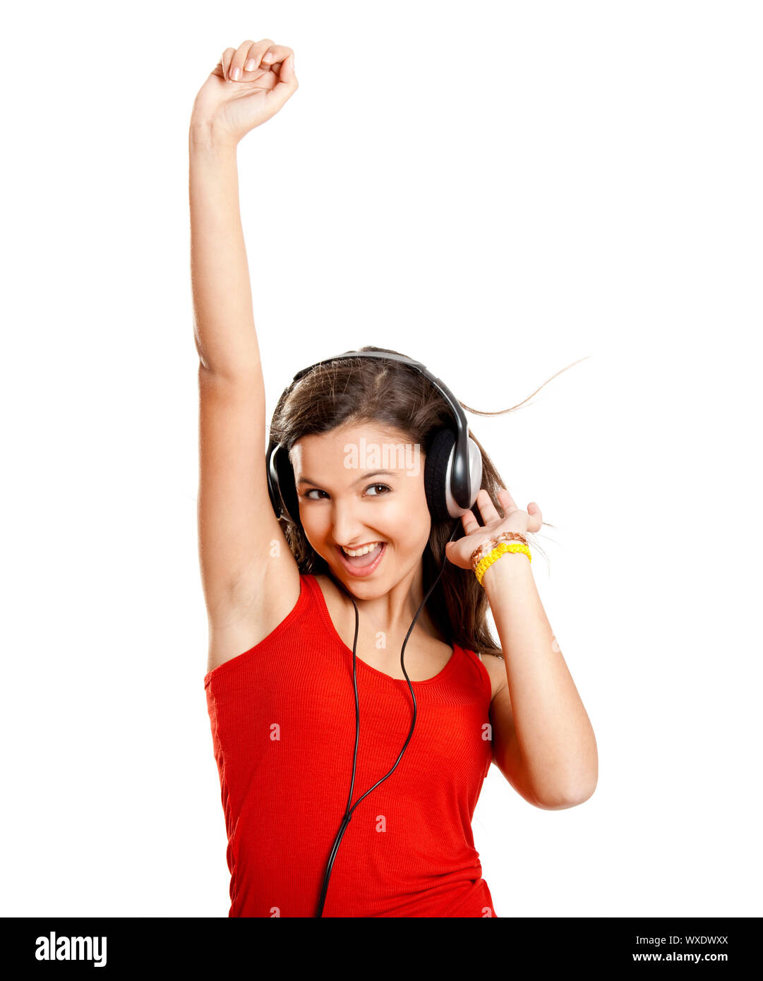 Beutiful girl listen music isolated on white Stock Photo - Alamy