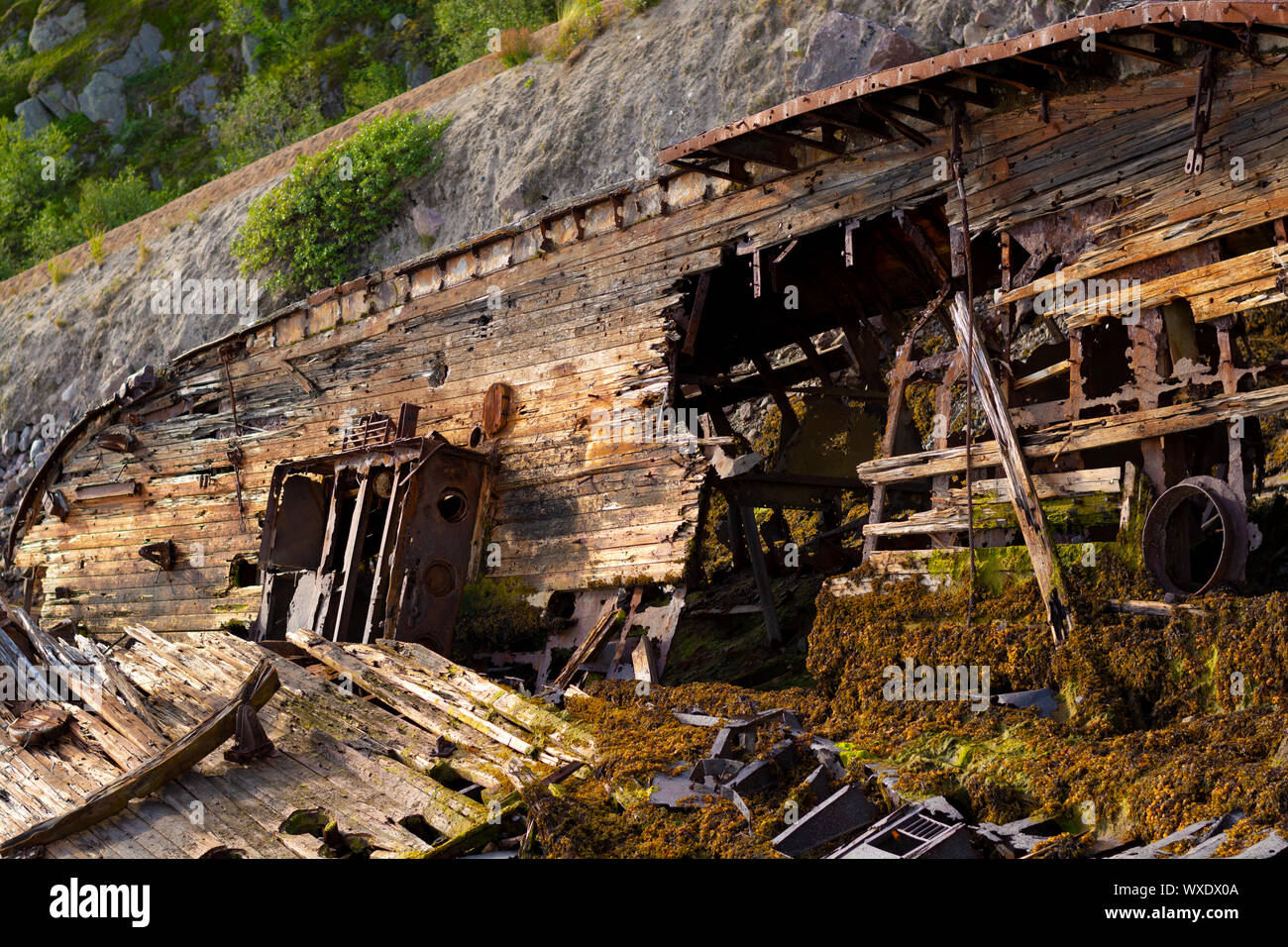 A large wrecked ship lies on its side on the seashore. Rust Peeps ...