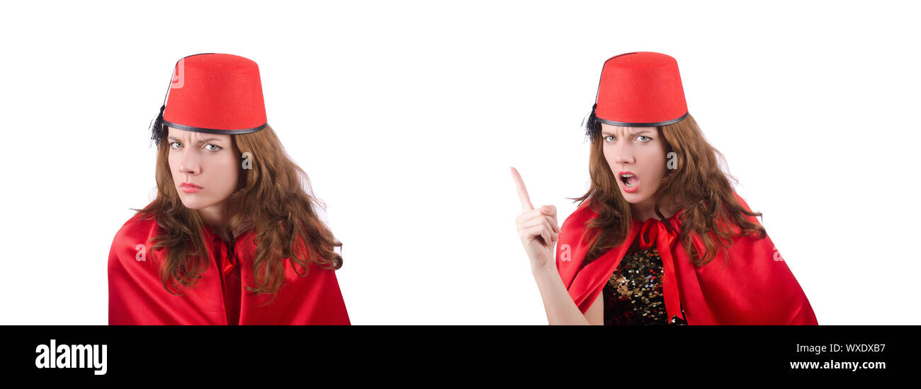 Woman wearing fez hat isolated on white Stock Photo - Alamy