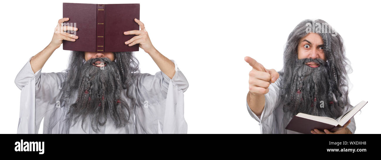 Funny old wizard with book Stock Photo - Alamy
