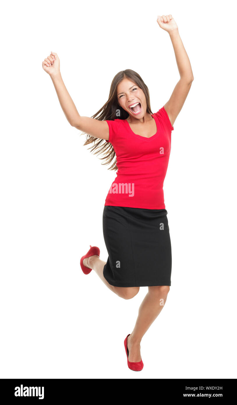 Success / Winner woman. Casual young successful businesswoman jumping ...