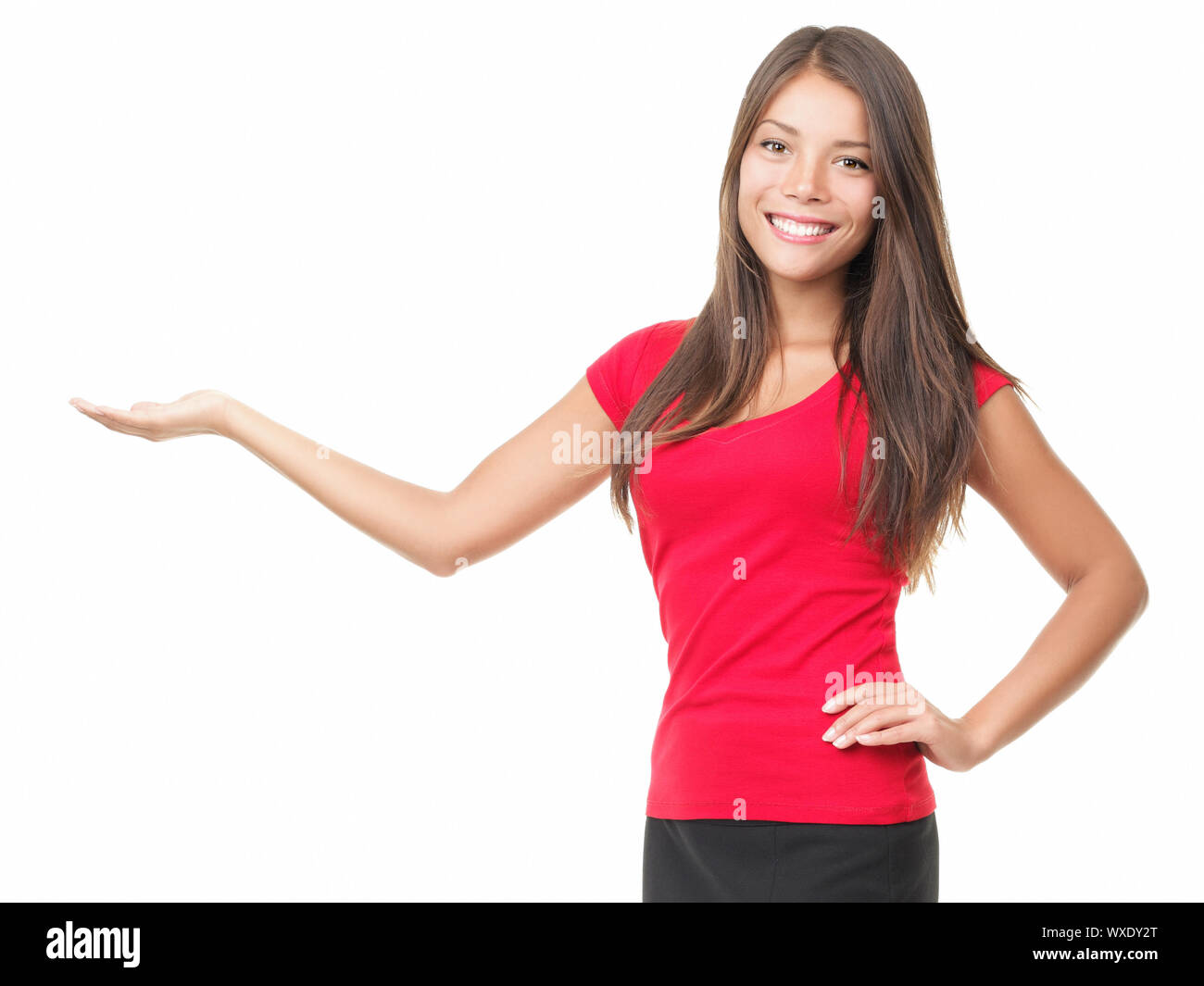 Woman Showing Your Product Stock Photo - Alamy