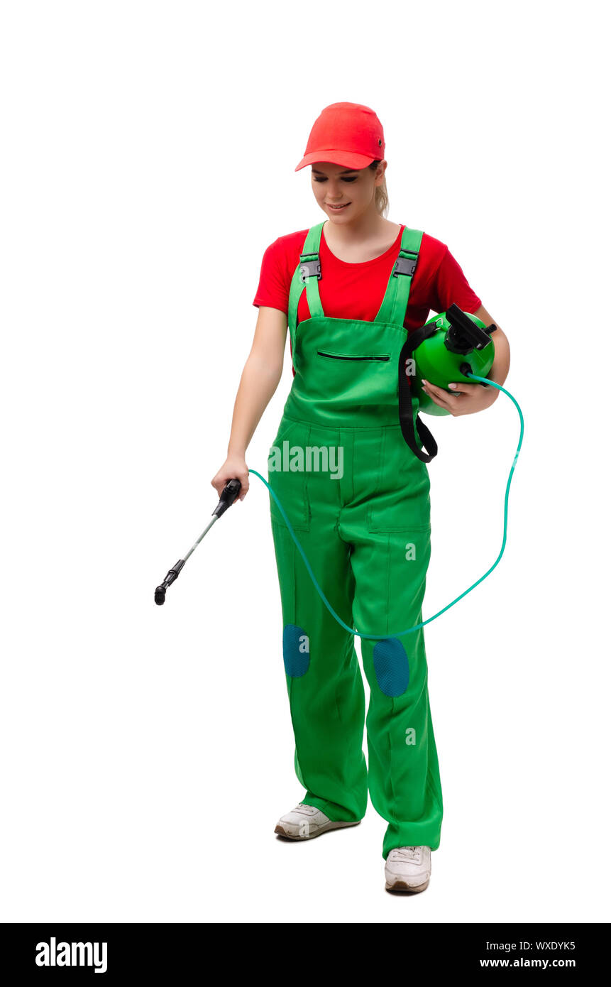 Female pest control contractor isolated on white Stock Photo - Alamy