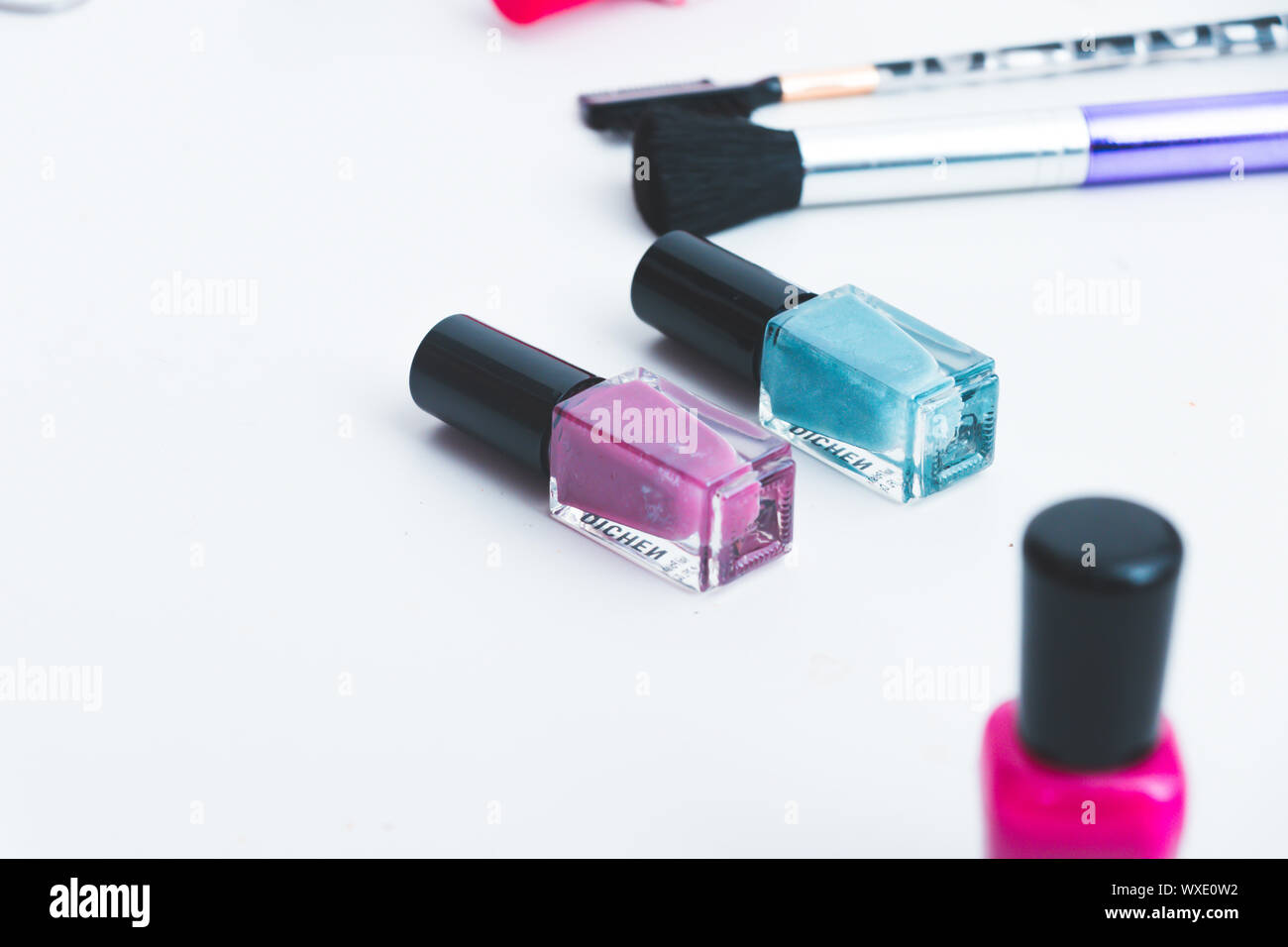 a collage of compositions of nail polish isolated on white Stock Photo ...
