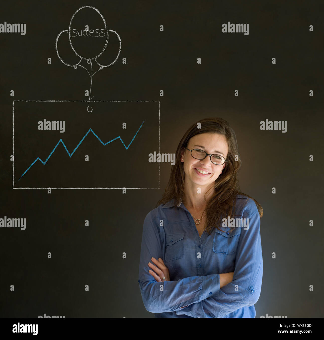 Business woman, student or teacher with chalk success graph and balloon ...