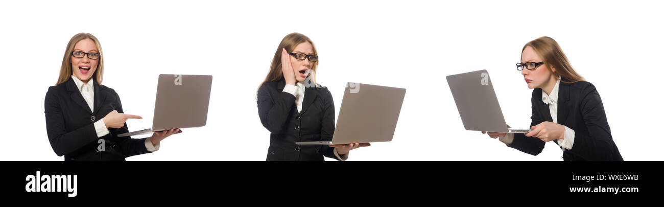 Pretty office employee with laptop isolated on white Stock Photo - Alamy