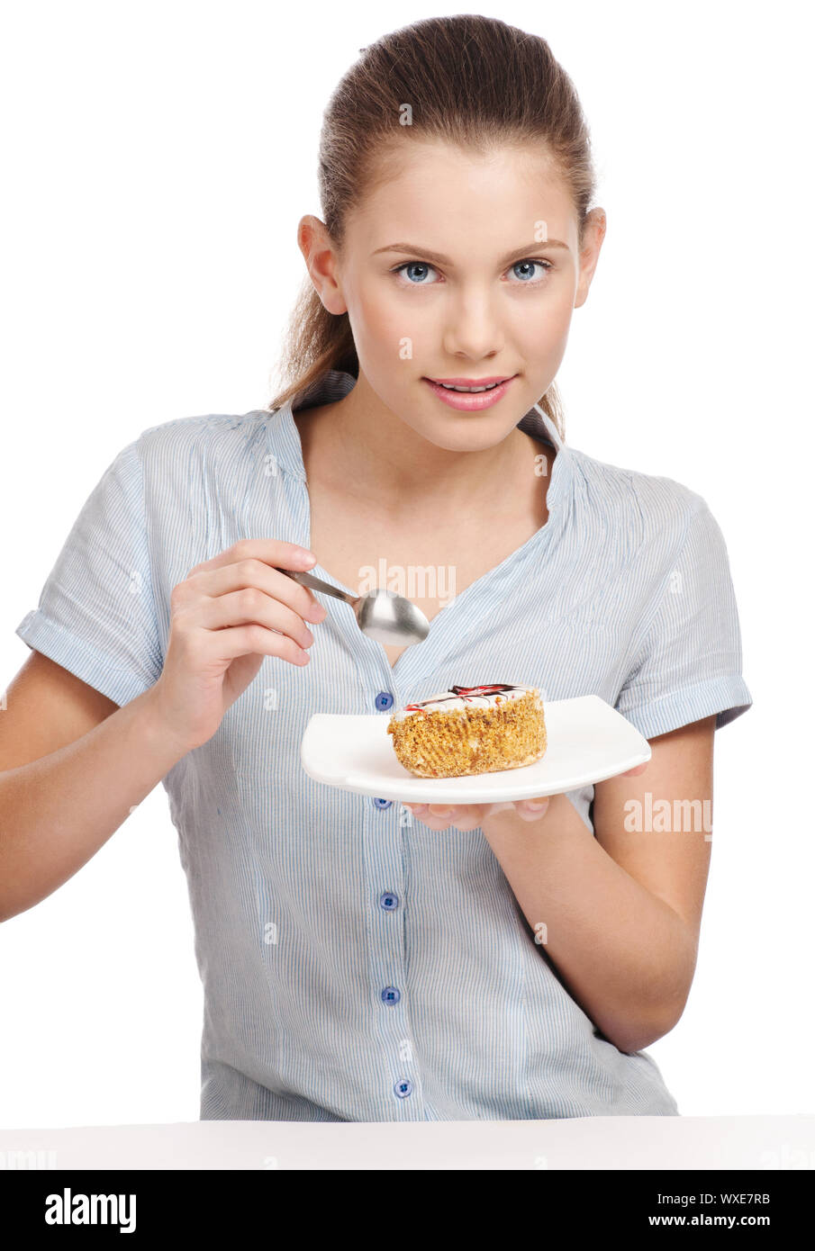 Pretty Young Woman Eating Cake Isolated On The White Background Stock