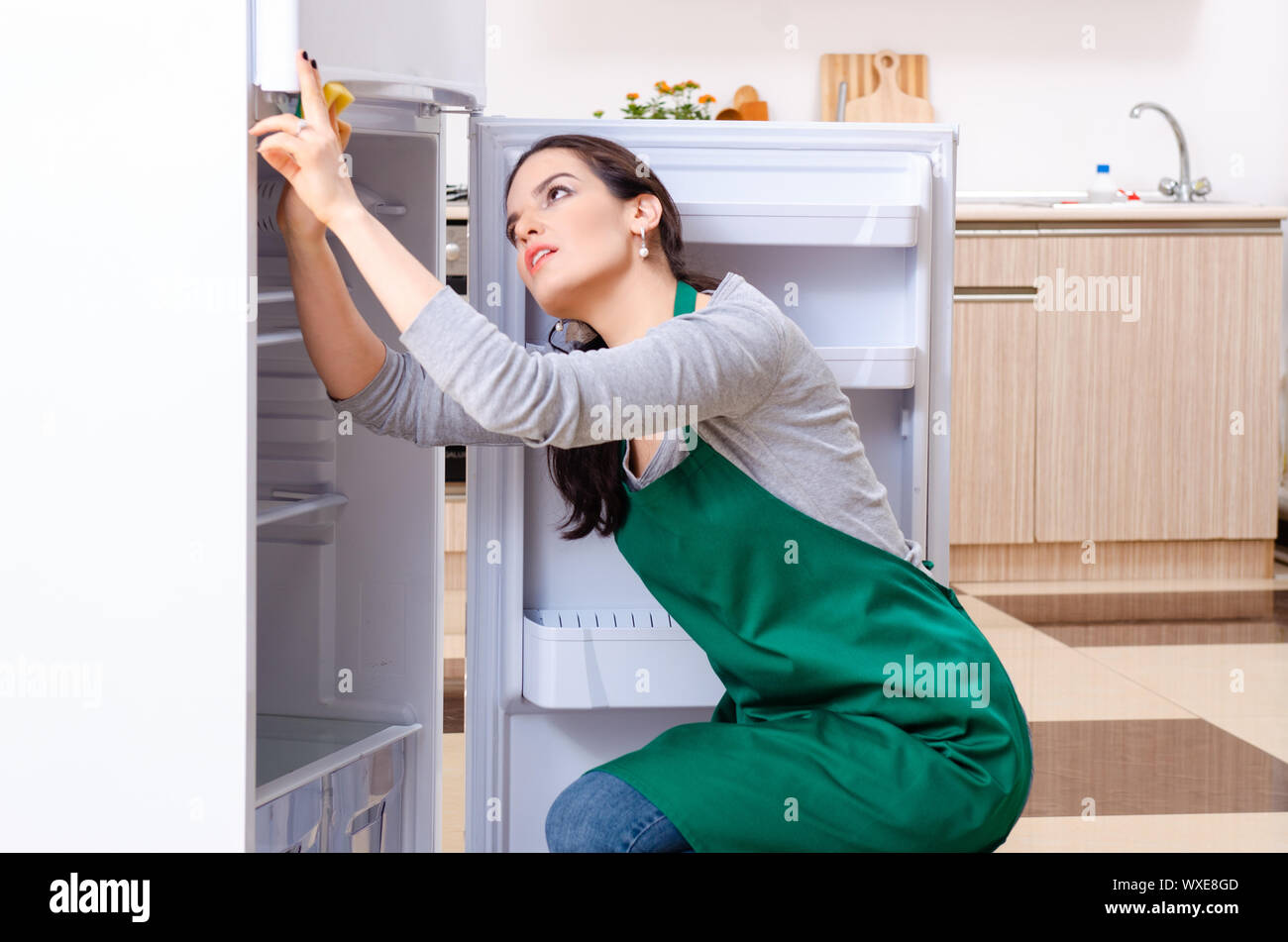 Young woman cleaning fridge in hygiene concept Stock Photo - Alamy