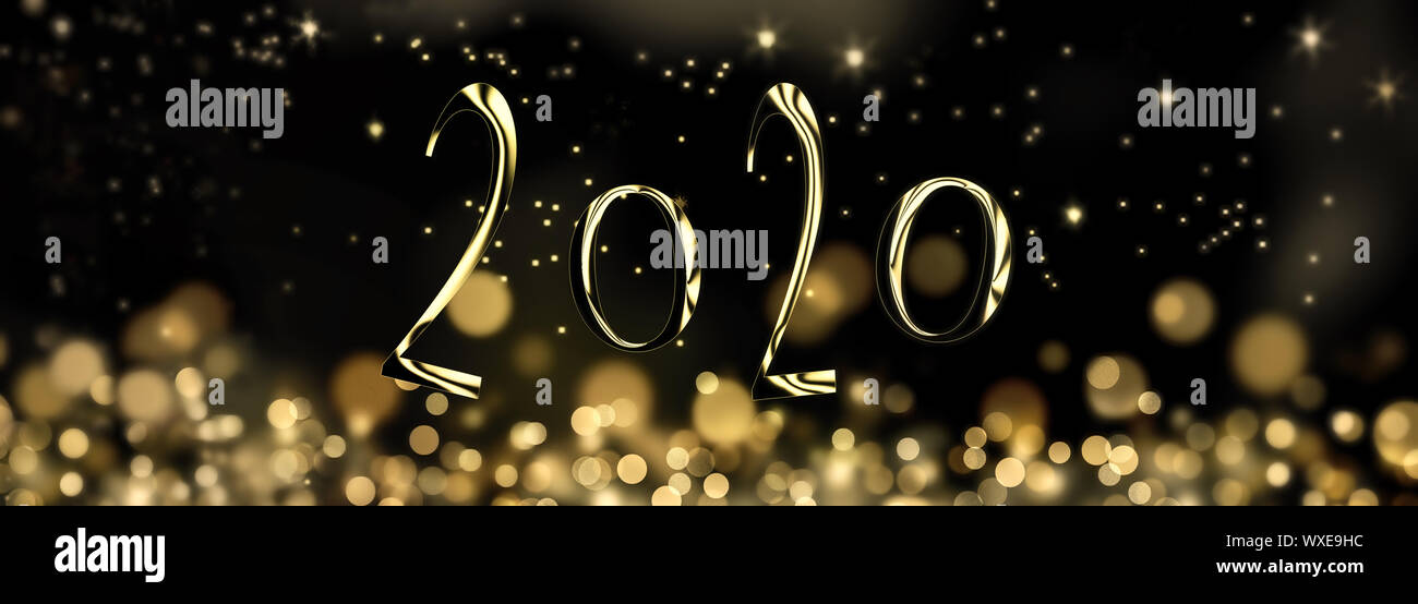 banner for new year 2020 on golden abstract night in blur lights ...