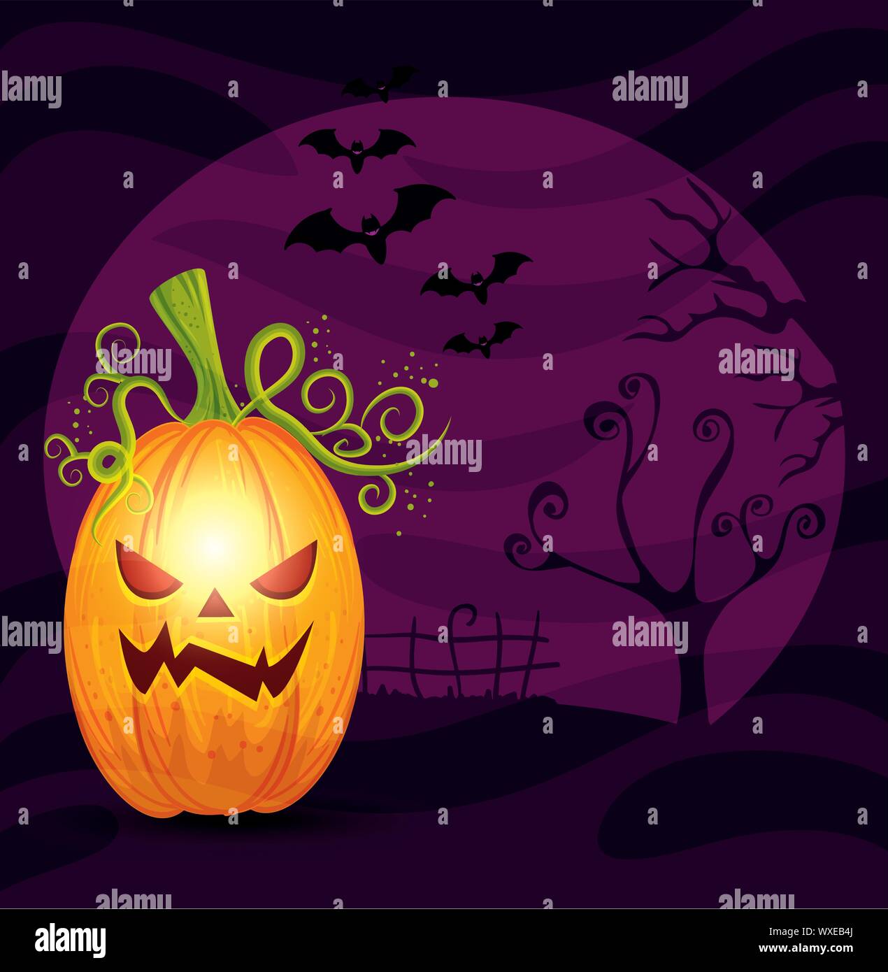 pumpkin with bats flying in scene halloween Stock Vector Image & Art ...