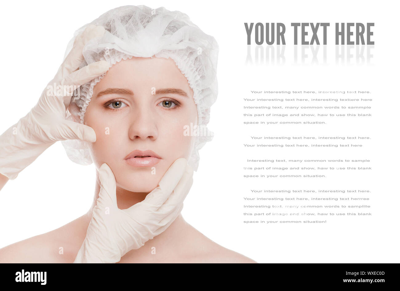 Medical examination face of beautiful woman by hands in glove - close ...