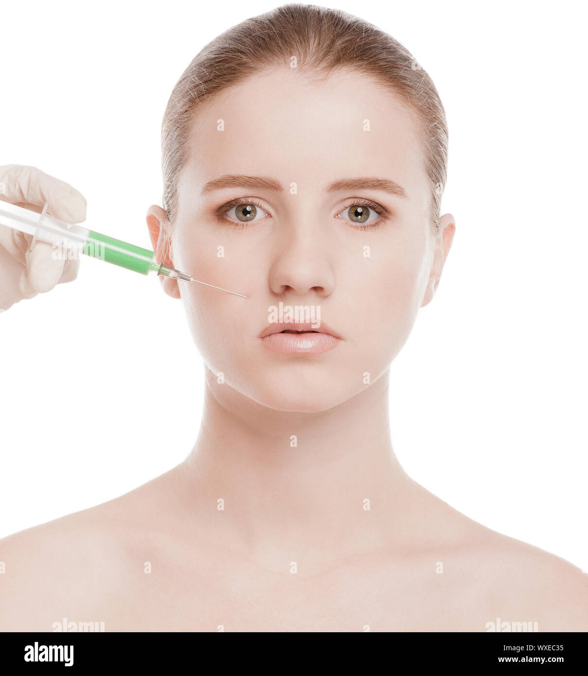 Cosmetic botox injection in the female face. Nose zone. Isolated on ...