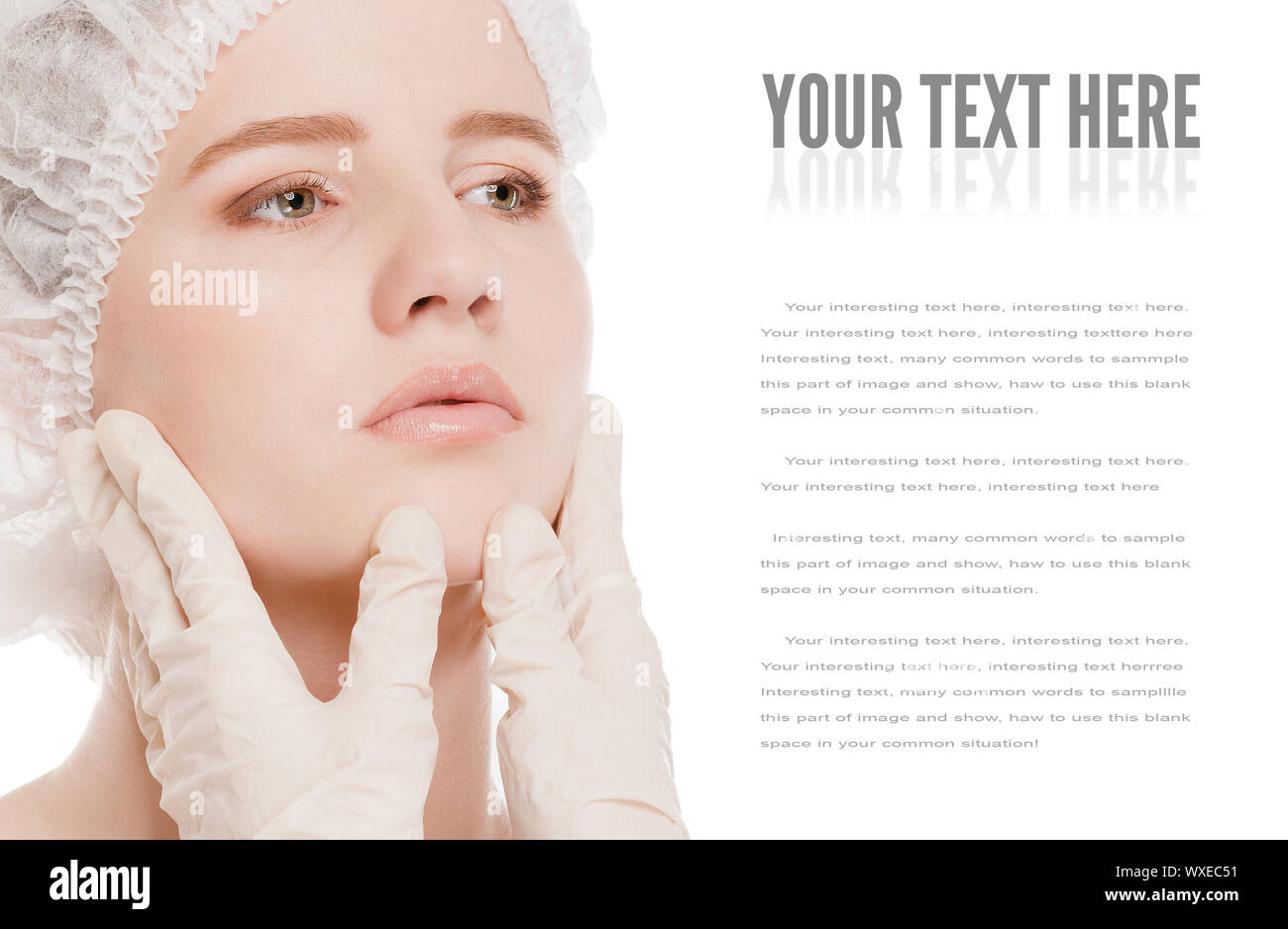 Medical examination face of beautiful woman by hands in glove - close ...