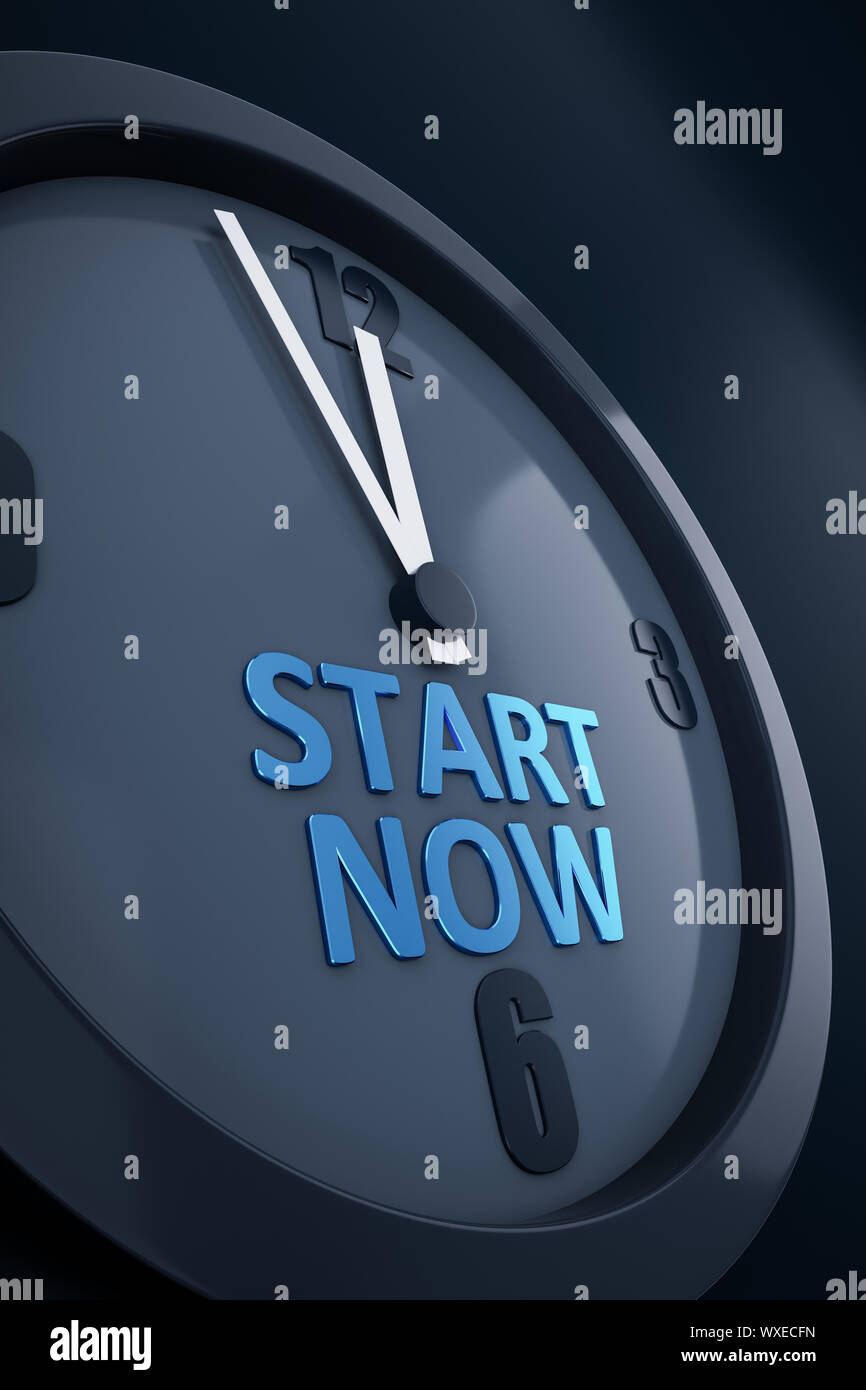 clock with text start now Stock Photo - Alamy