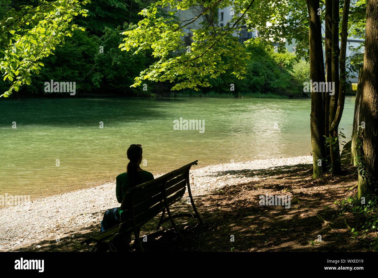 Horizontal view of a woman sitting on a bench under shady trees on an ...