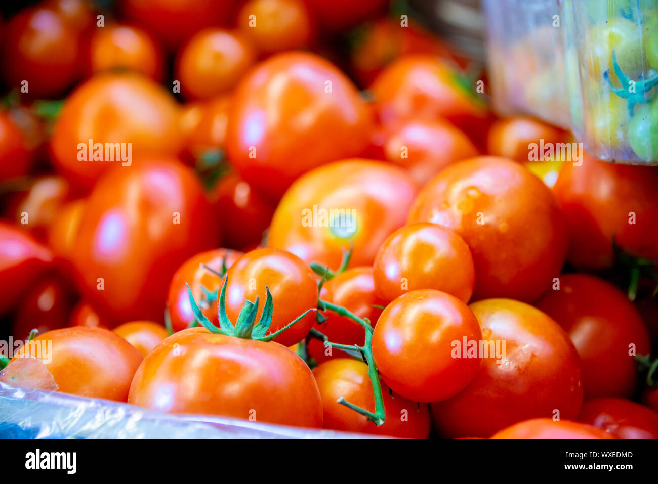 Tomatoes at the market display stall Stock Photo - Alamy