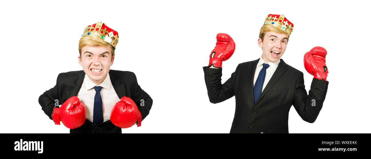 Funny businessman with crown and boxing gloves Stock Photo - Alamy