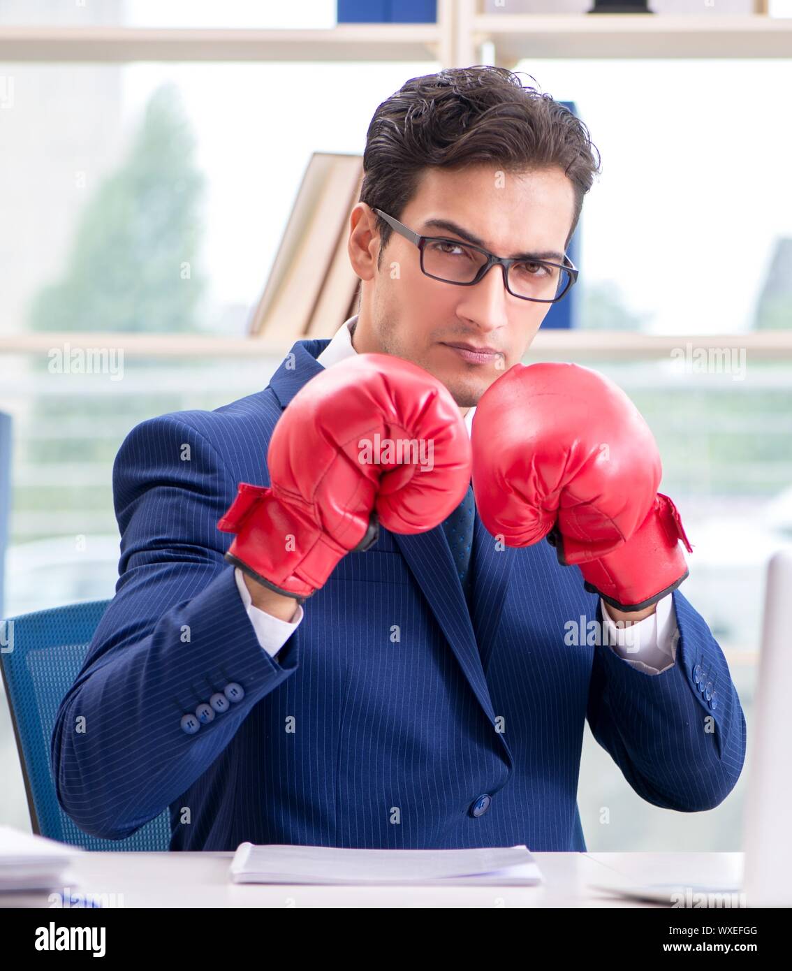 Businessman with boxing gloves angry in office Stock Photo - Alamy