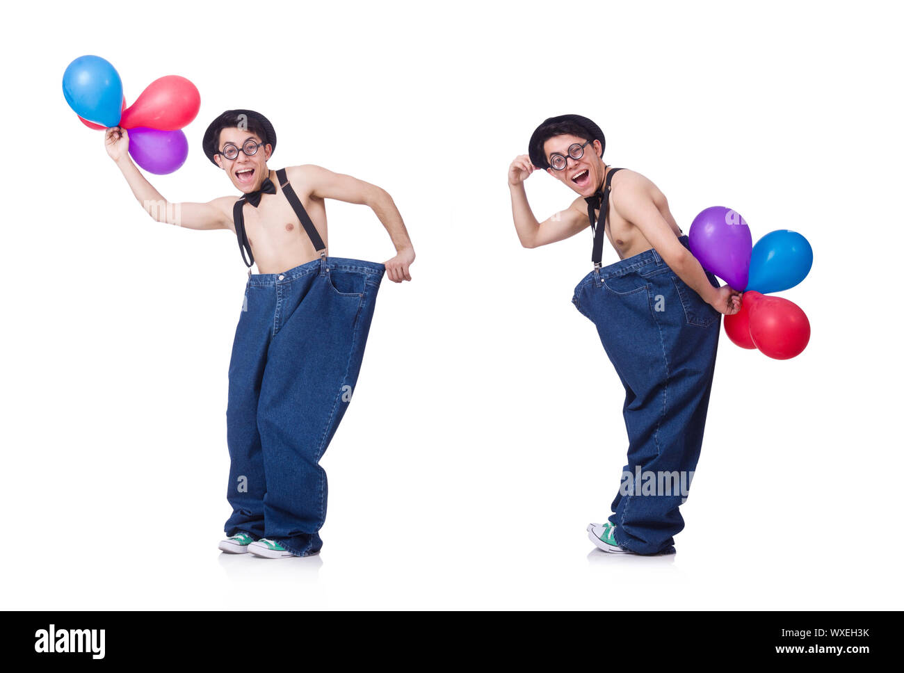Funny man with balloons on white Stock Photo - Alamy