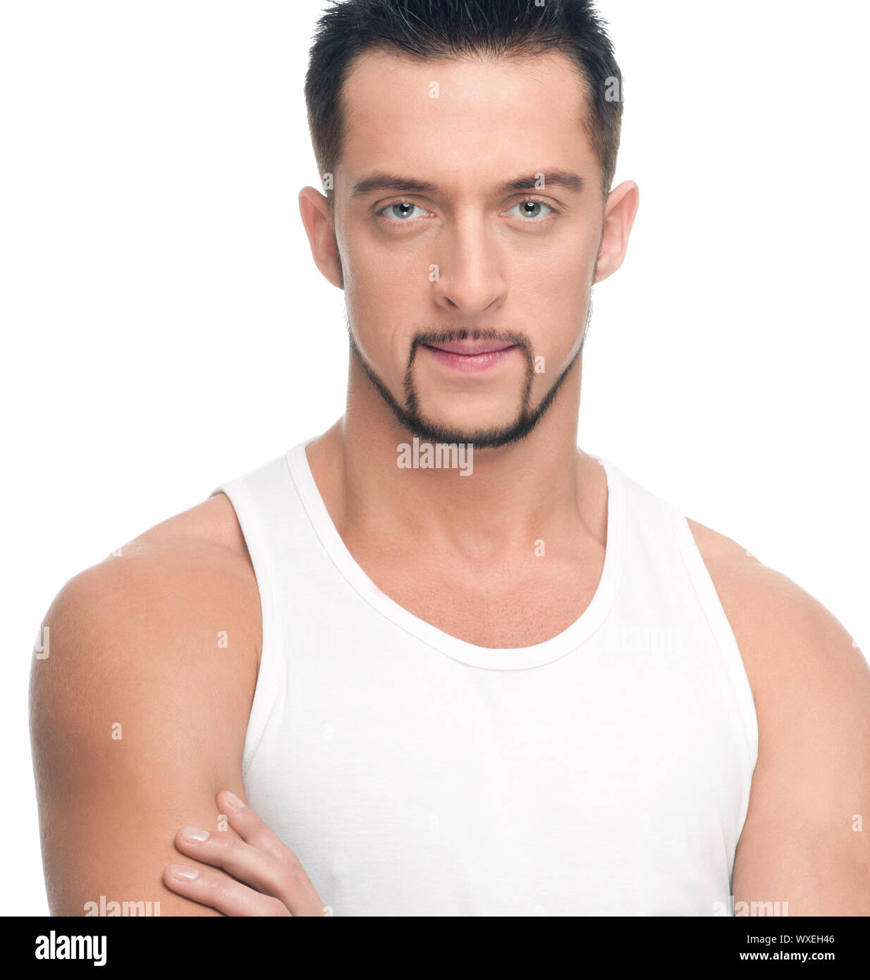 Close up portrait of young handsome man face with perfect skin ...