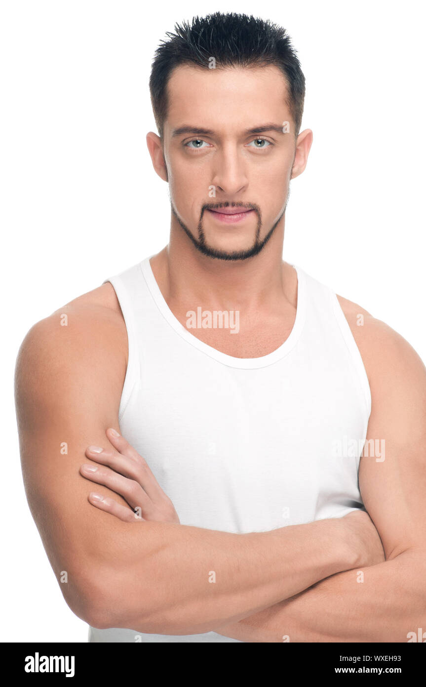 Close up portrait of young handsome man face with perfect skin ...