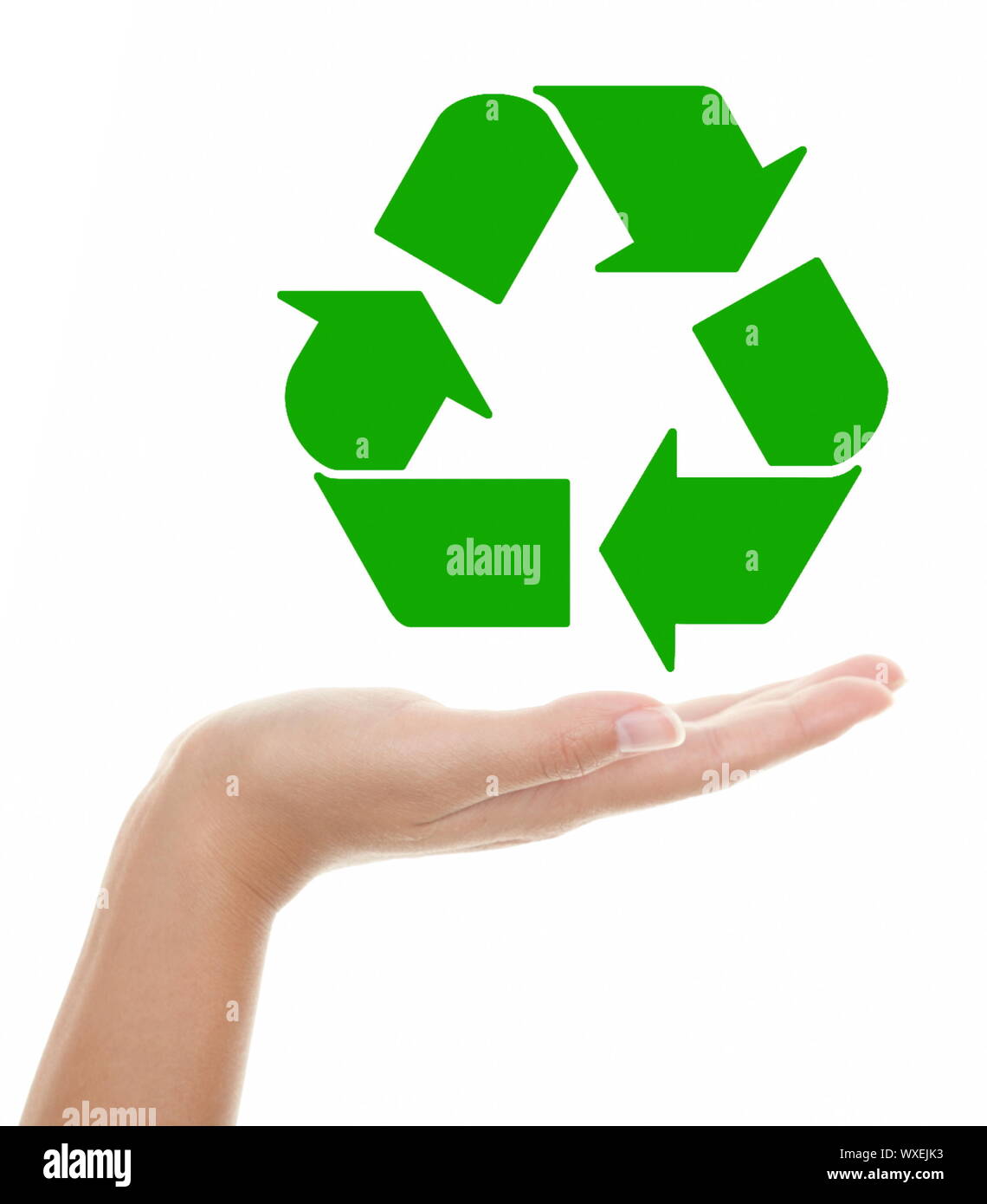 Recycling. Woman showing the icon / symbol for recycling. Isolated on ...