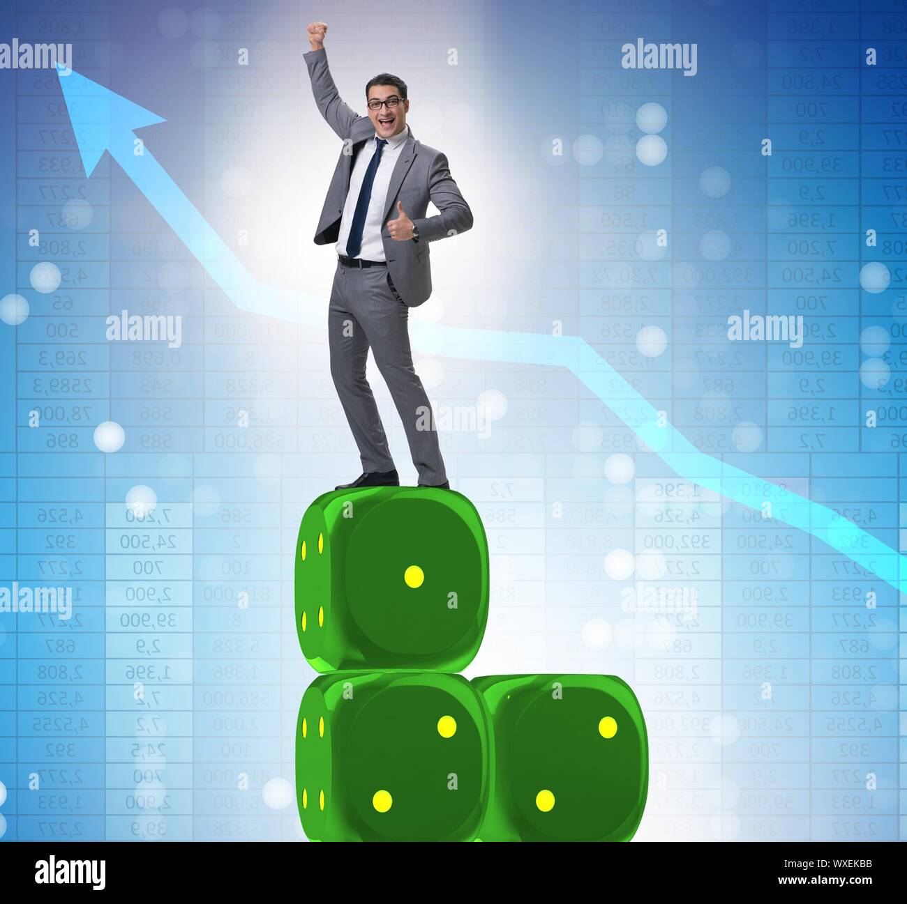 Businessman balancing on top of dice stack in uncertainty concep Stock ...