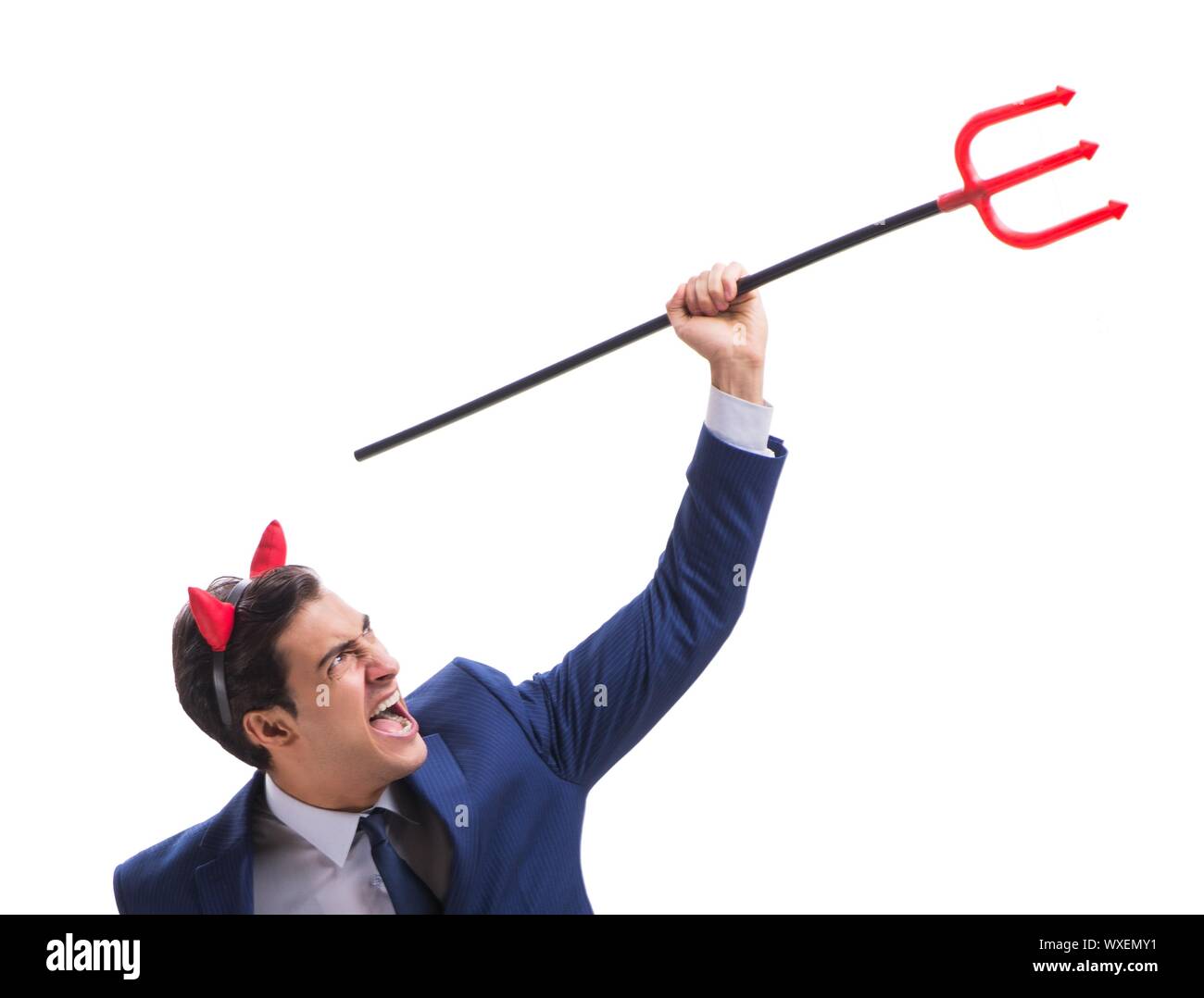 Evil devil businessman with pitchfork isolated on white backgrou Stock ...