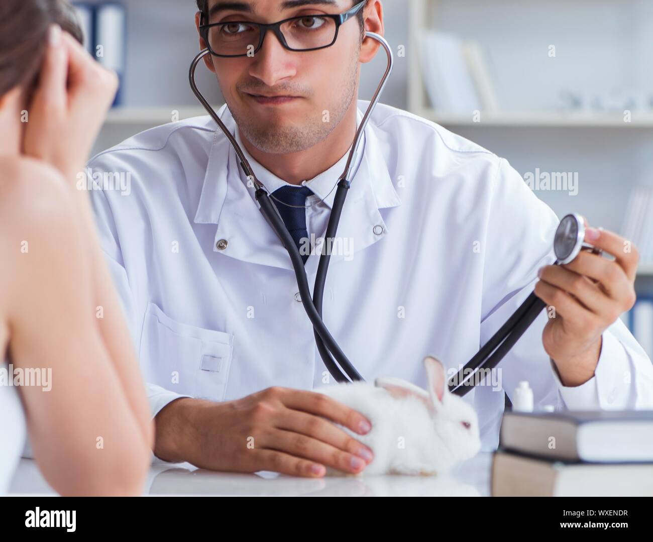 Woman with pet rabbit visiting vet doctor Stock Photo - Alamy