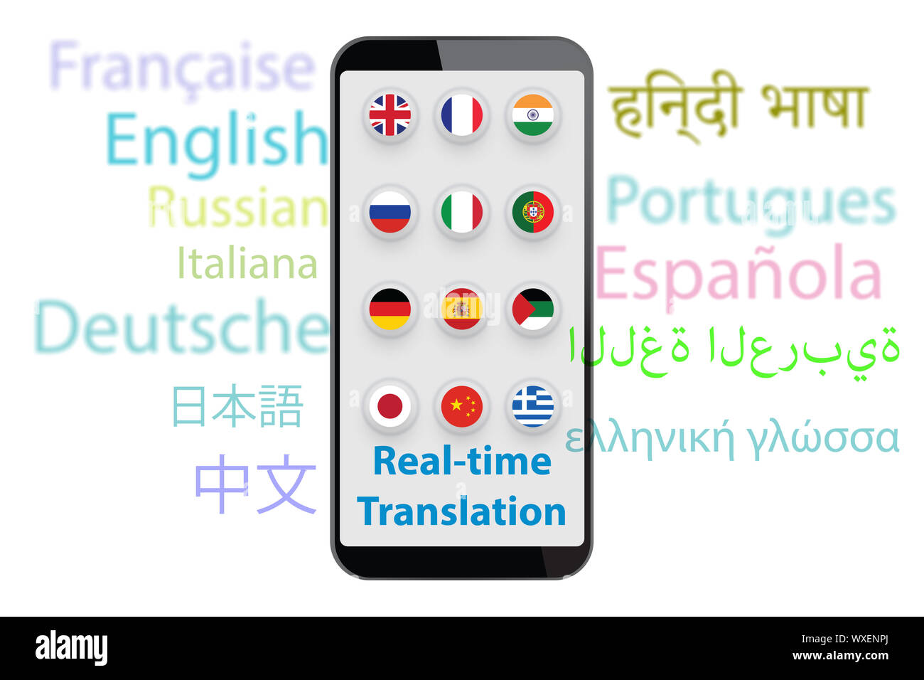 Concept of real time translation with smartphone app - 3d render Stock ...