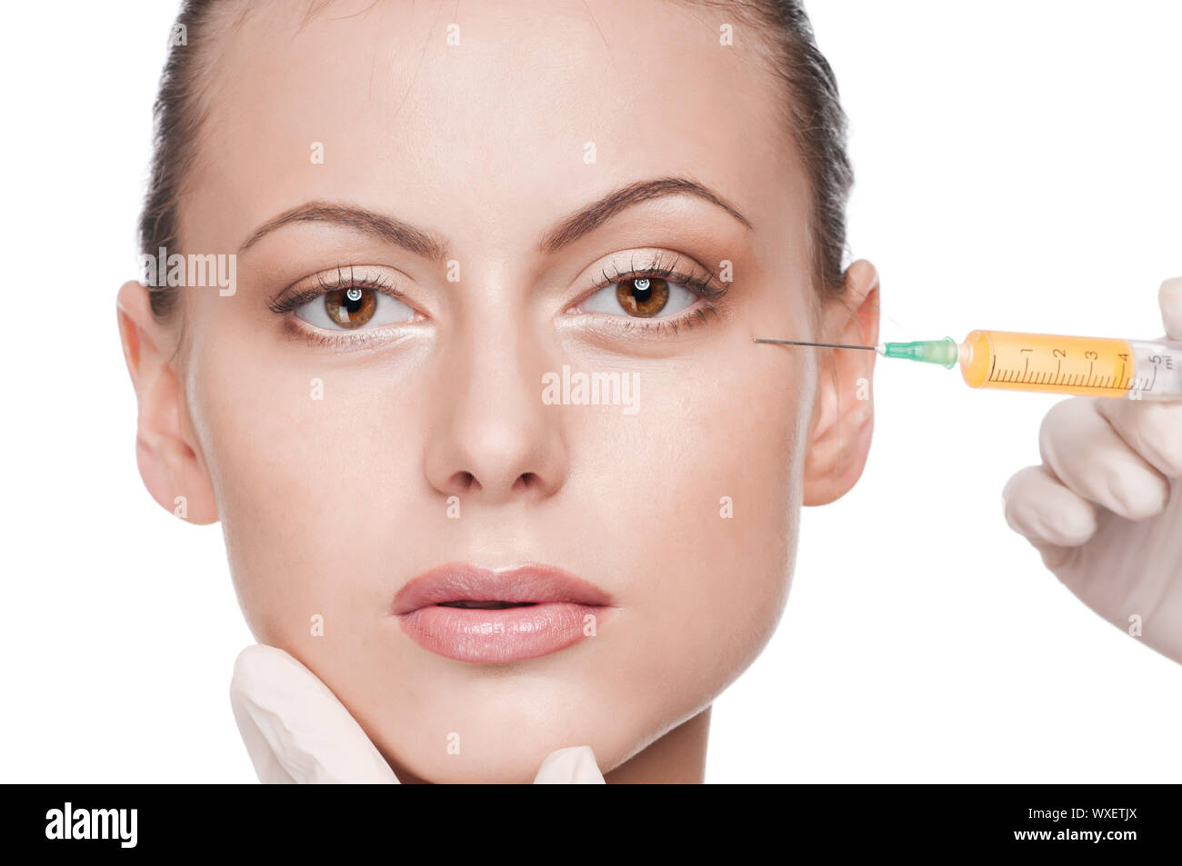 Cosmetic botox injection in the female face. Eye zone. Isolated Stock ...