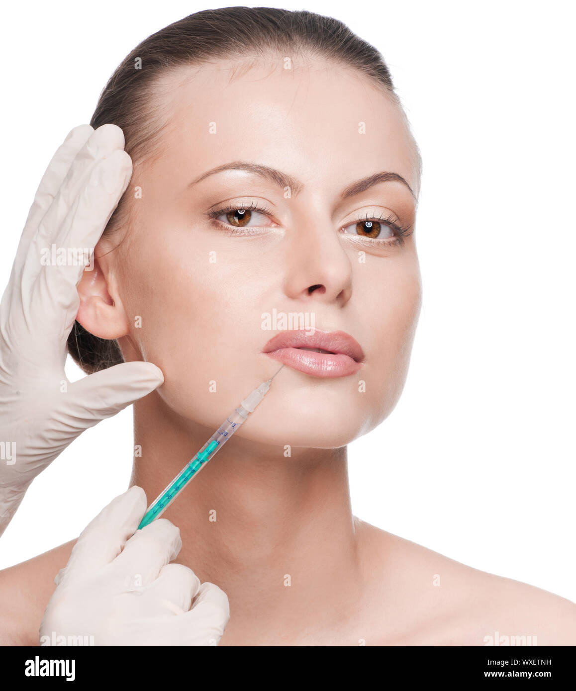 Cosmetic botox injection in the female face. Lips zone. Isolated Stock ...