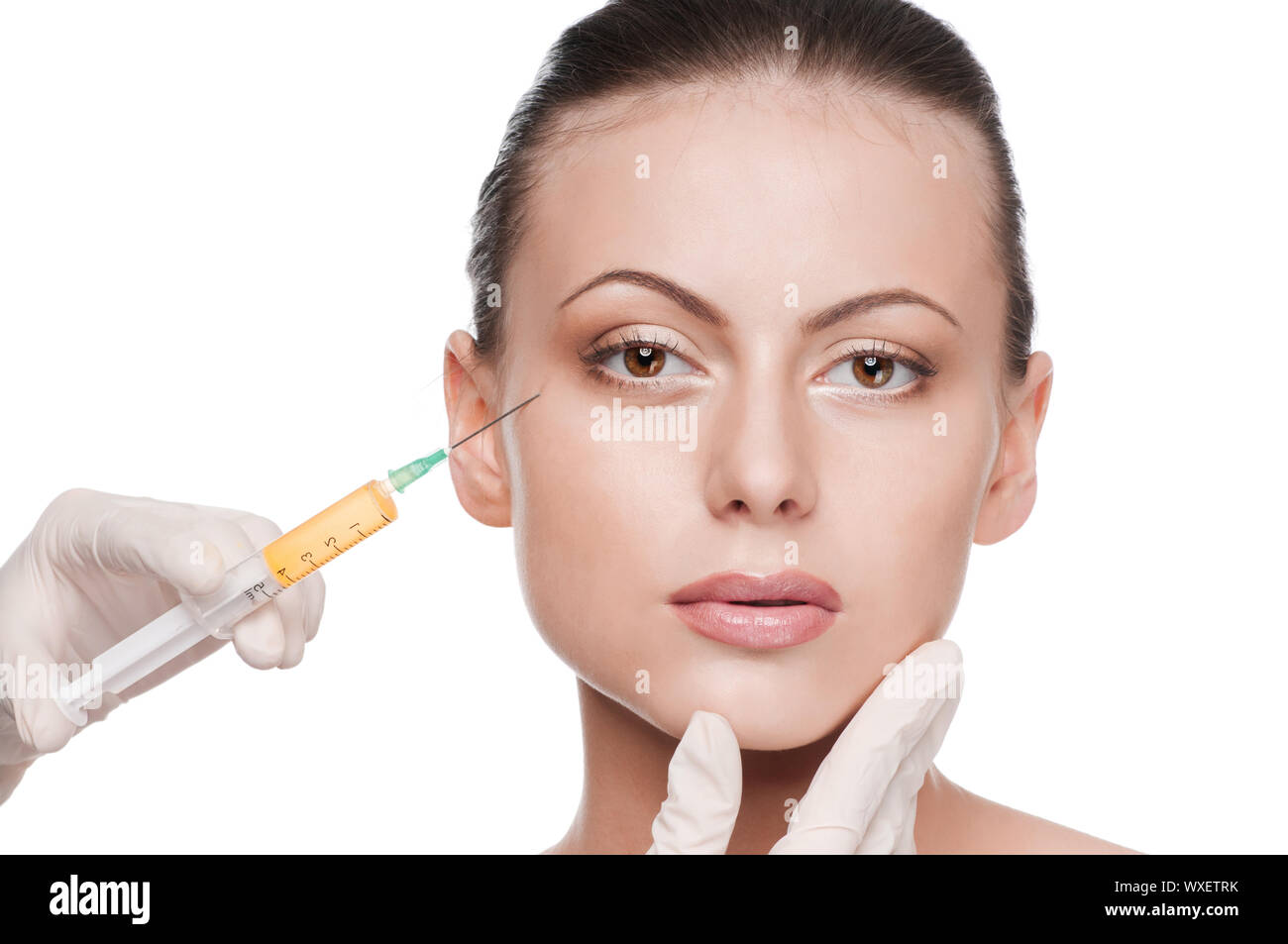 Cosmetic botox injection in the female face. Eye zone. Isolated Stock ...
