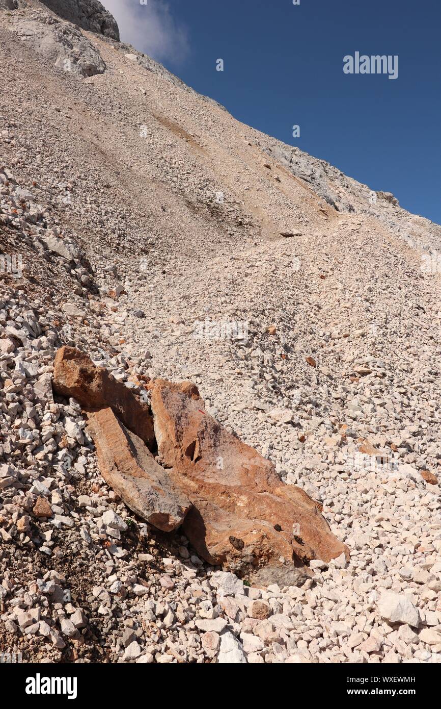 Mountain path through scree near Triglav Stock Photo - Alamy