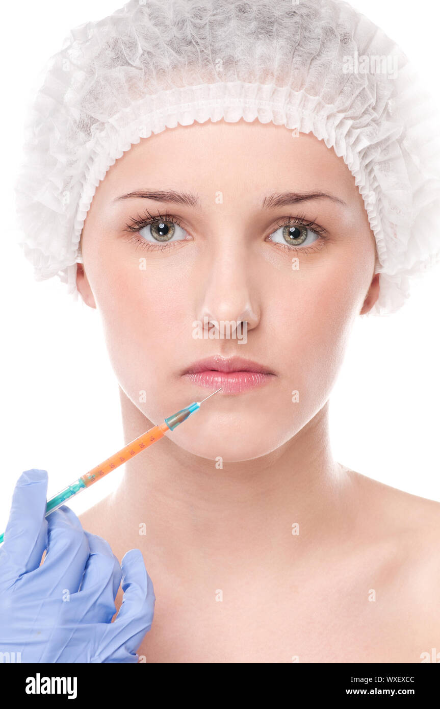Cosmetic botox injection in the female face. Lips zone. Isolated on ...