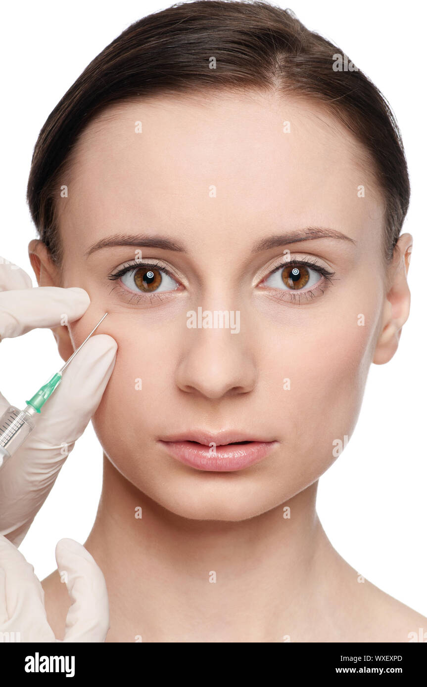 Cosmetic botox injection in the female face. Eye zone. Isolated Stock ...
