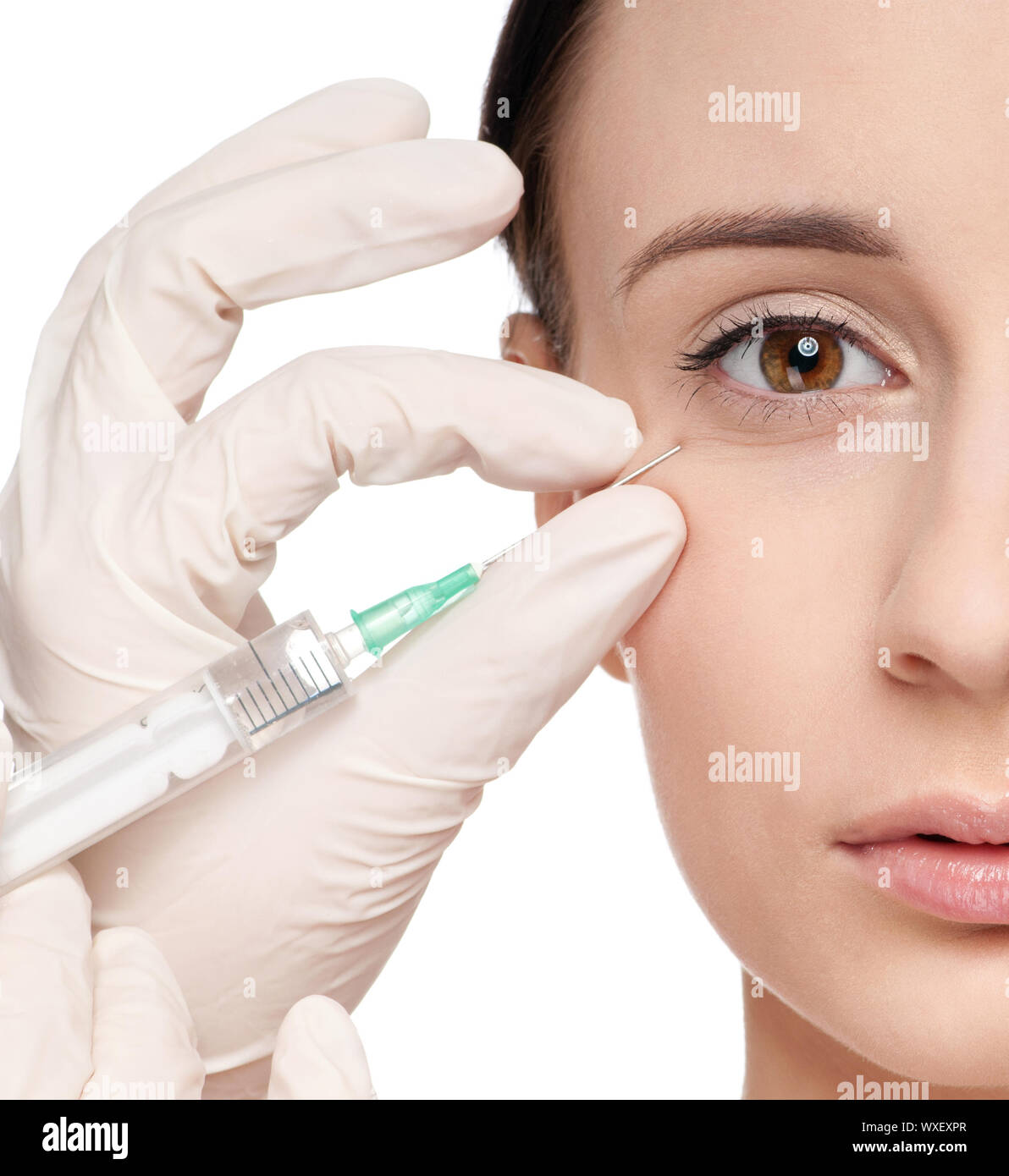 Cosmetic botox injection in the female face. Eye zone. Isolated Stock ...