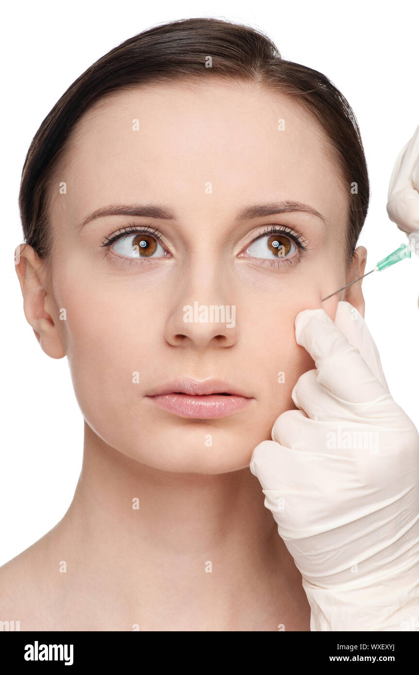 Cosmetic botox injection in the female face. Cheek zone. Isolated Stock ...