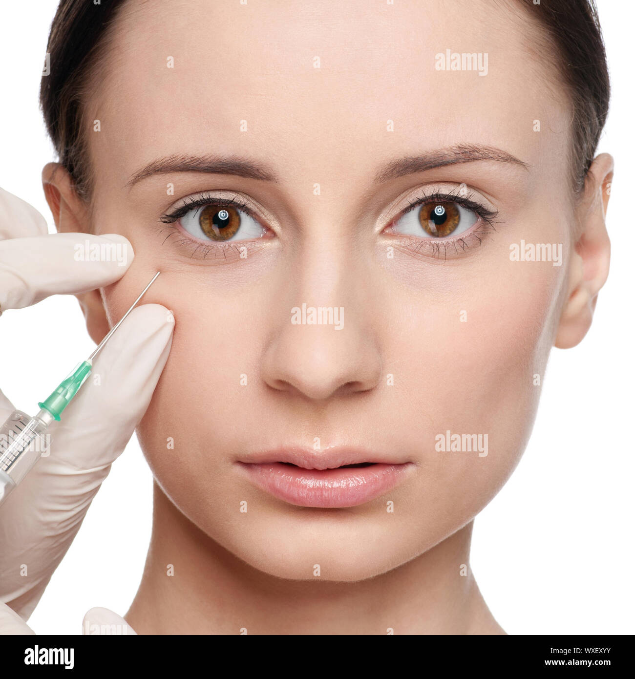 Cosmetic botox injection in the female face. Eye zone. Isolated Stock ...