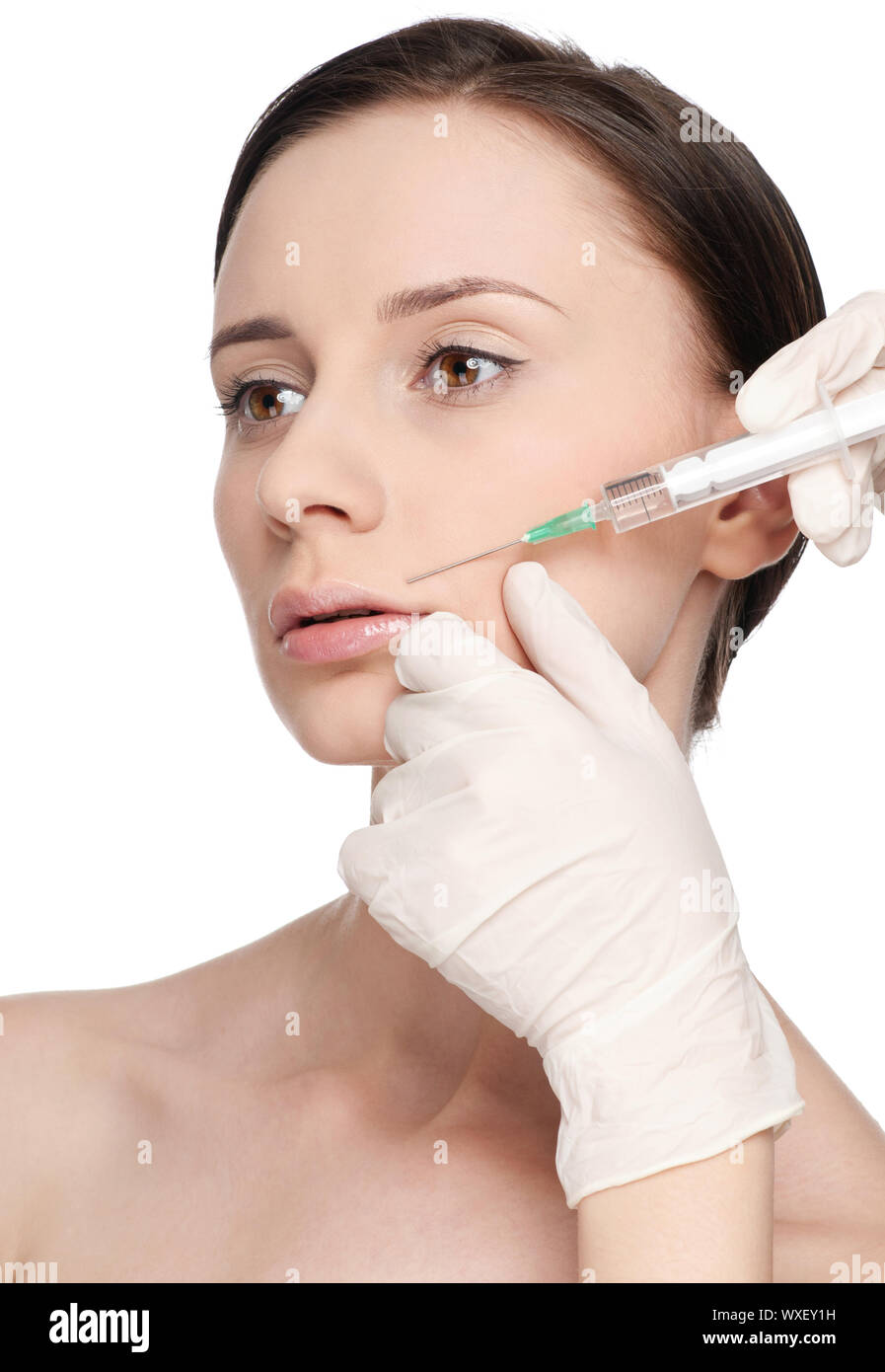 Cosmetic botox injection in the female face. Lips zone. Isolated Stock ...