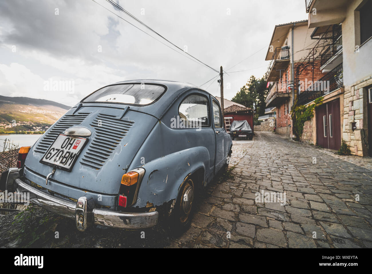 Blue mini beetle car in Ohrid Old Town Stock Photo - Alamy