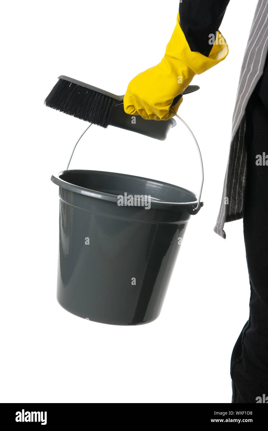 Detail of a cleaner with bucket and dustpan and brush Stock Photo - Alamy
