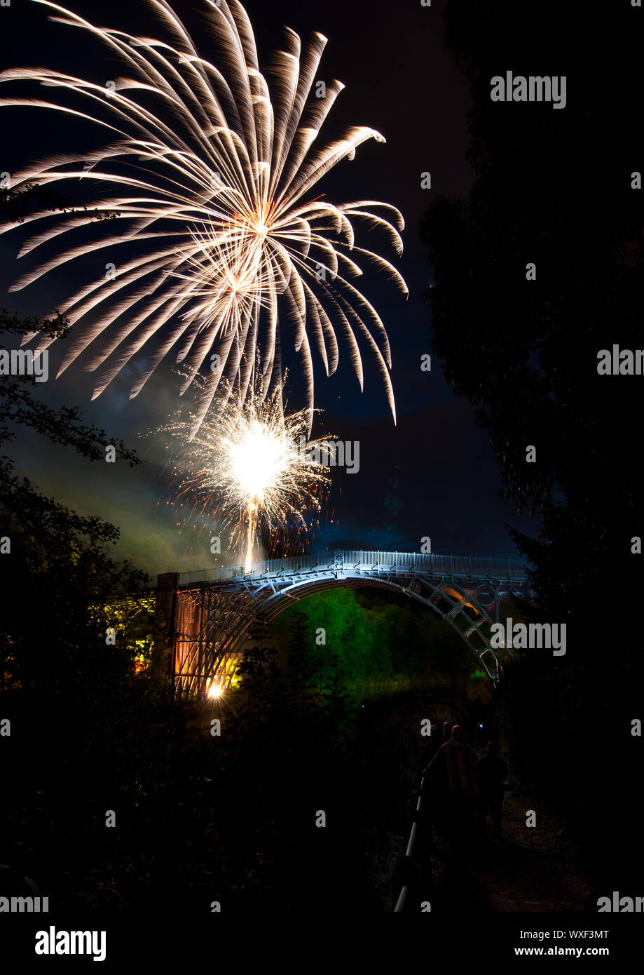 Fireworks over the iron bridge in Shropshire, England as part of a ...