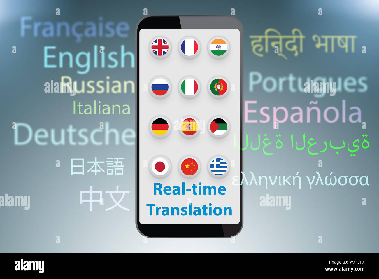 Concept of real time translation with smartphone app - 3d render Stock ...