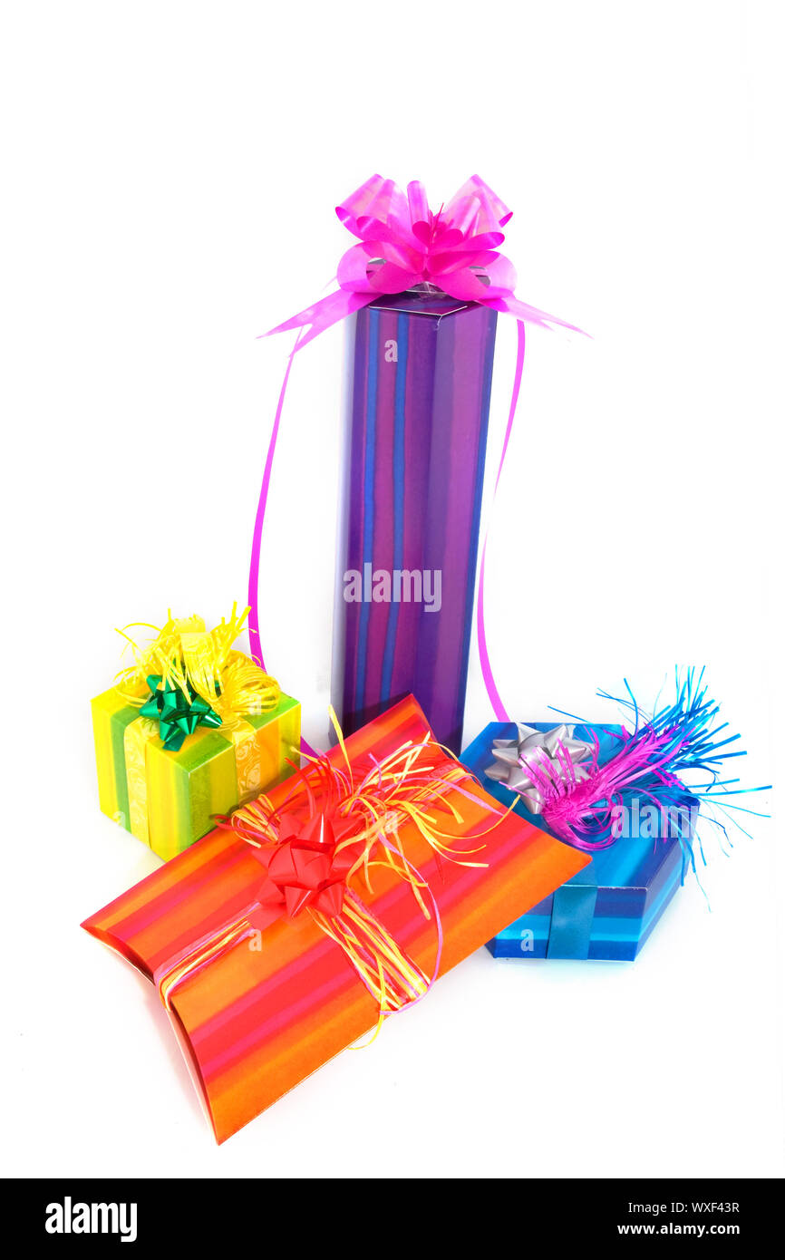 colorful wrapped presents with bows and ribbons Stock Photo - Alamy