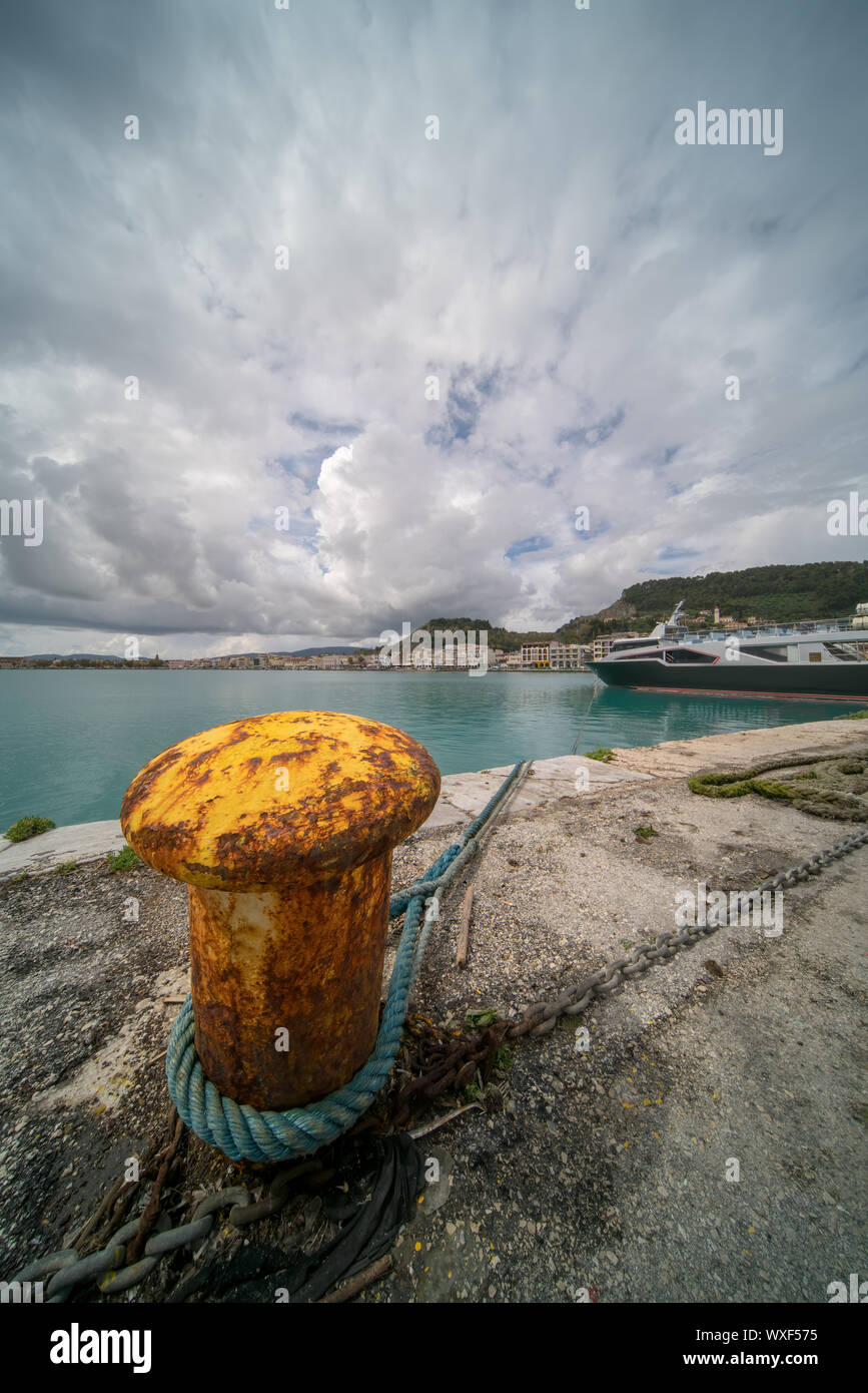 Steel anchoring bollard on the shore Stock Photo - Alamy