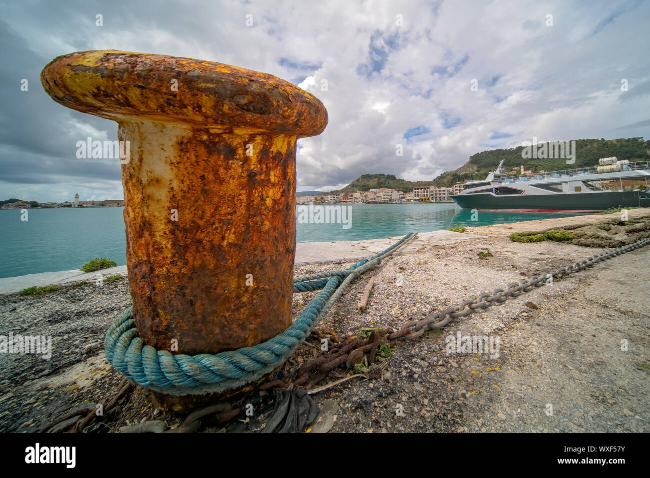 Steel anchoring bollard on the shore Stock Photo - Alamy