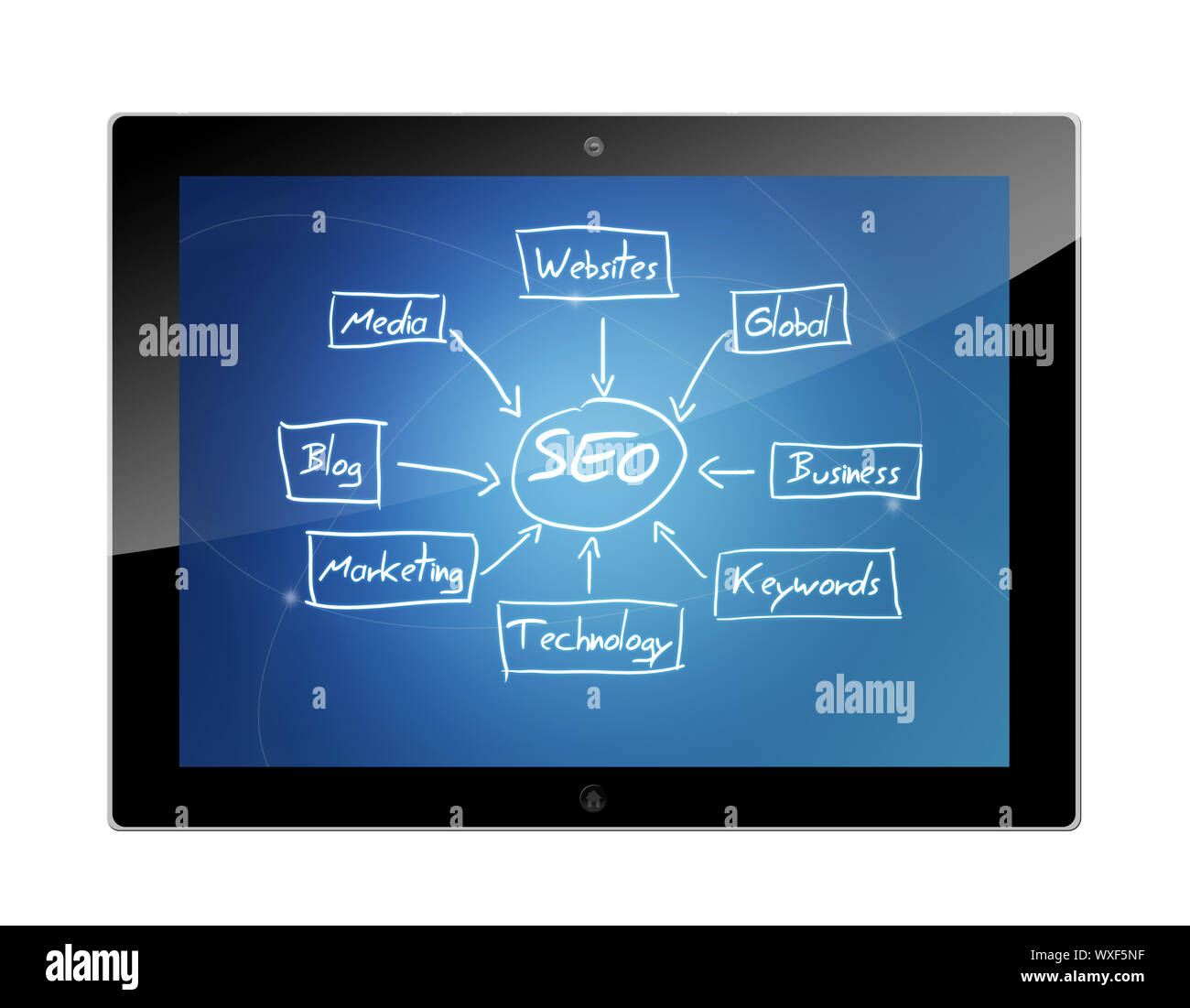 Tablet Computer with a SEO schema on blue background with world map ...