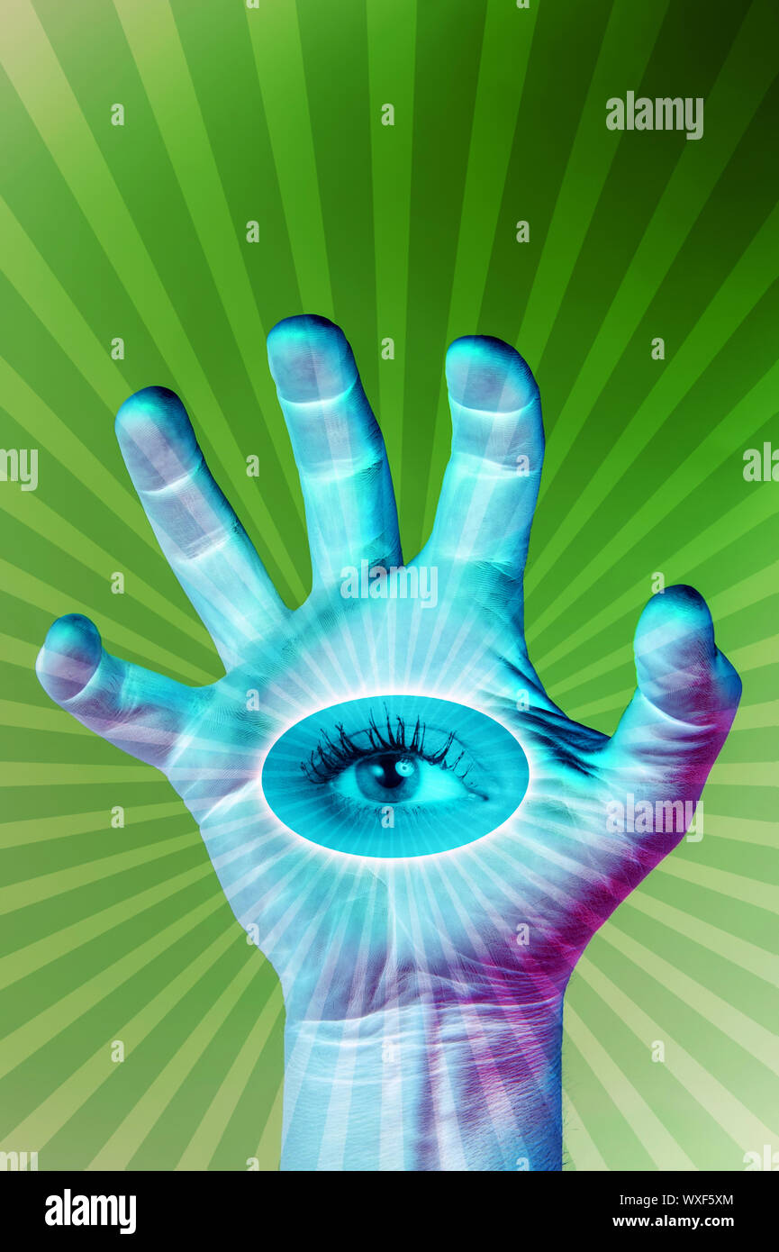 Human hand and all-seeing eye. Surreal illustration for your magic ...